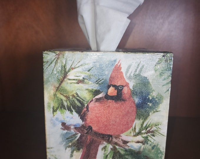 Tissue Box Cover, Cardinal, Snow and Holly, Buttercream Painted Wood ...