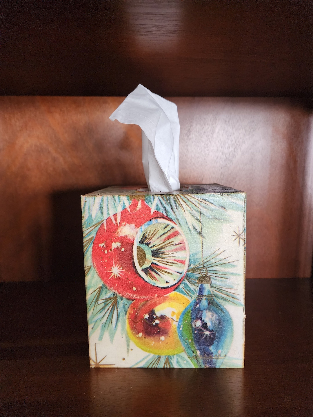 Handmade Decoupage Wooden Tissue Box Cover, Vintage Christmas Ornaments ...