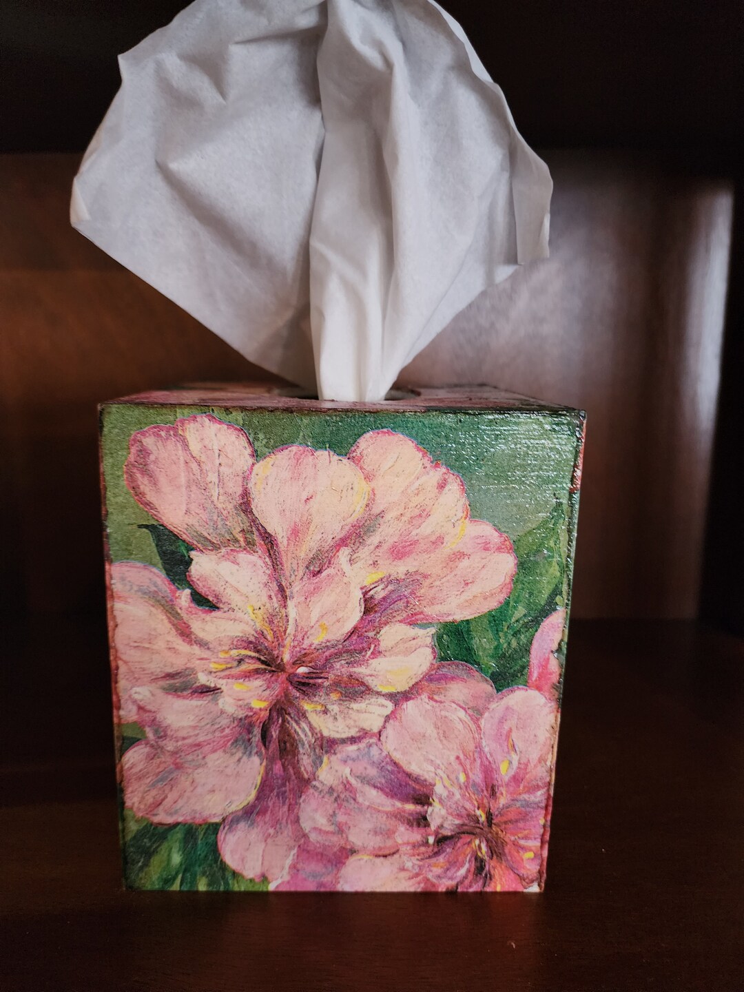 Handmade Decoupage Wooden Tissue Box Cover, Pink Blooms With Green - Etsy