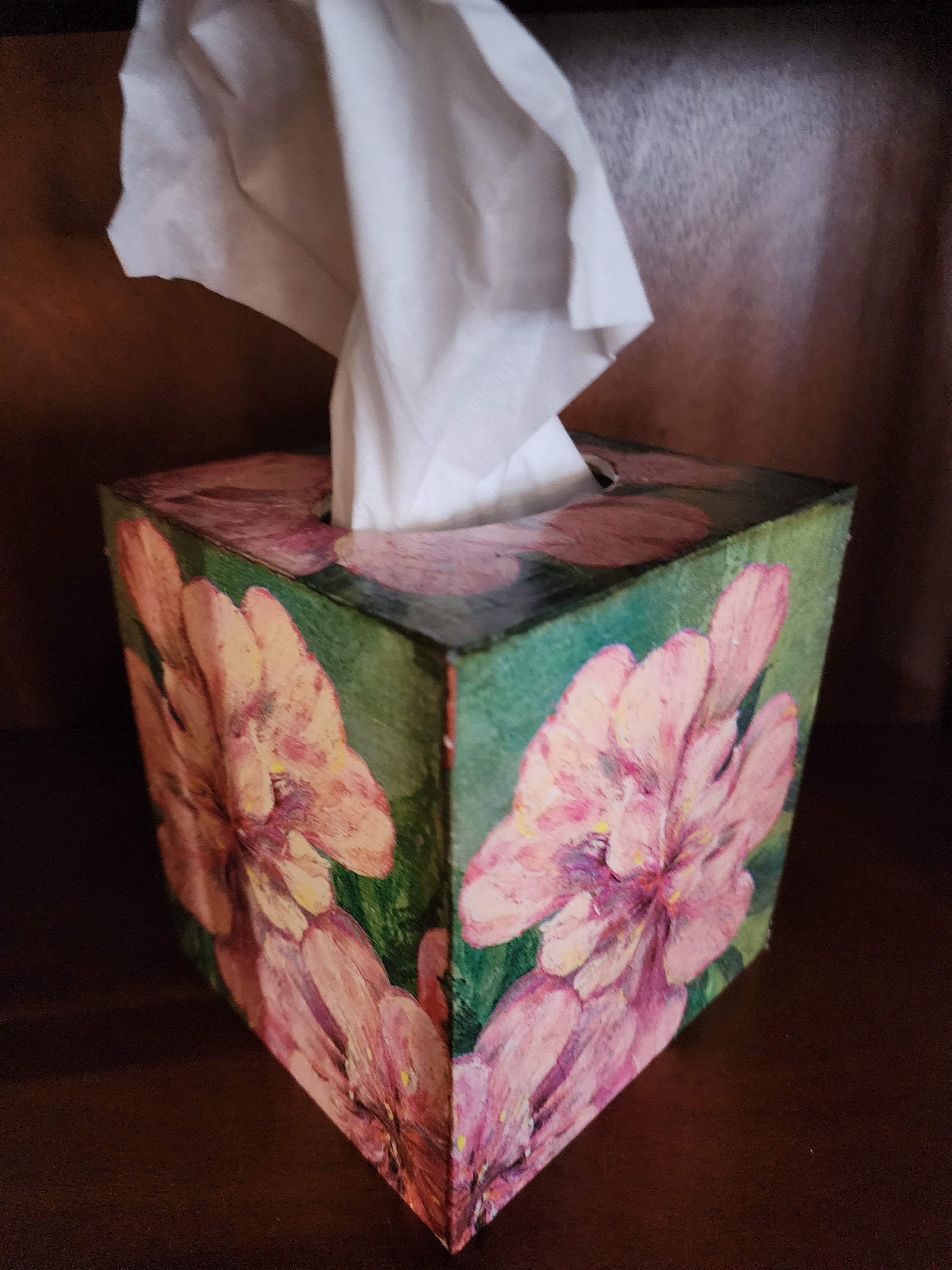 Handmade Decoupage Wooden Tissue Box Cover, Pink Blooms With Green - Etsy