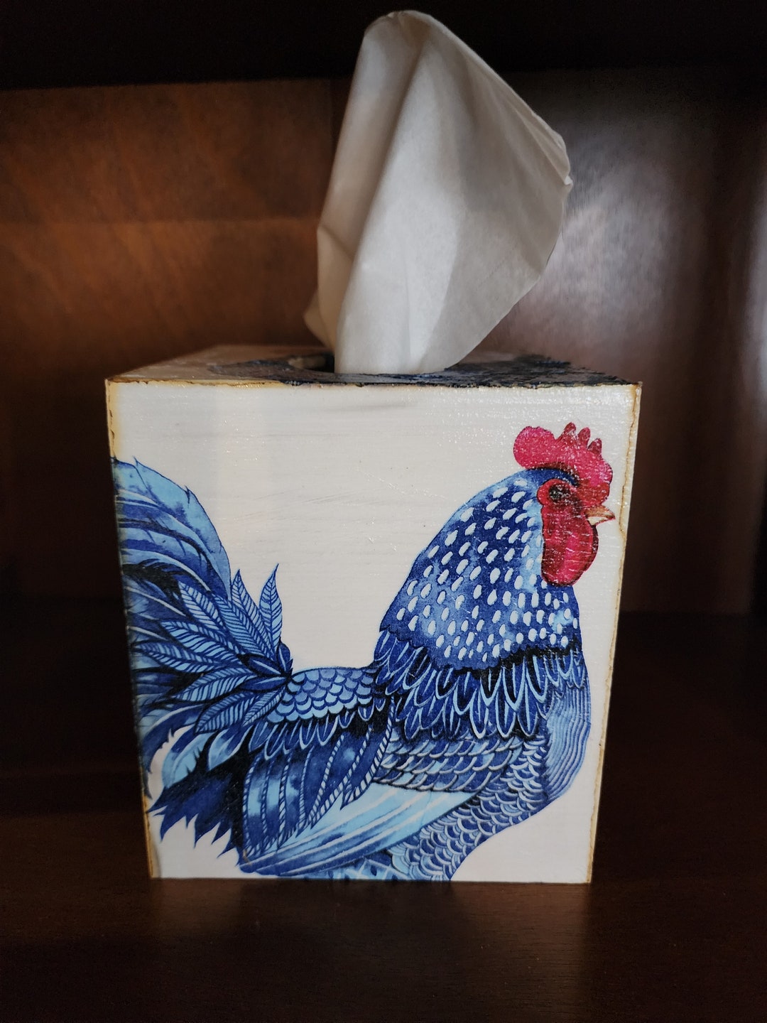 Handmade Decoupage Wooden Tissue Box Cover, Blue Chicken - Etsy