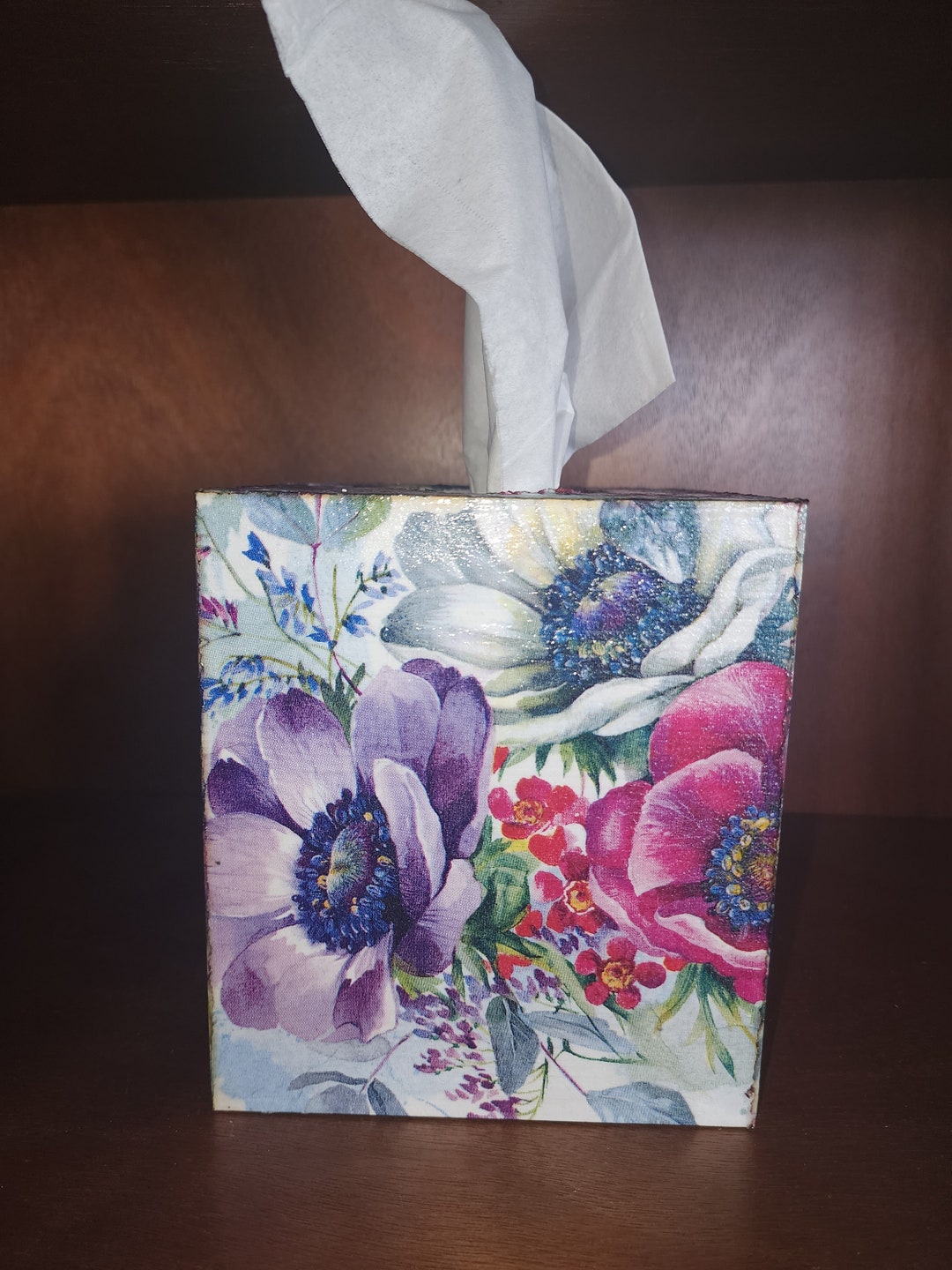 Handmade Decoupage Wooden Tissue Box Cover, Flowers Pink, Purple, White ...