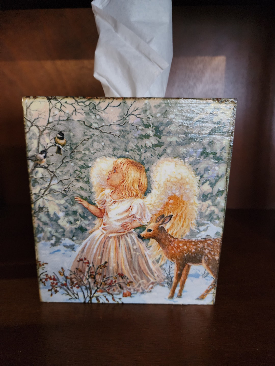 Handmade Decoupage Wooden Tissue Box Cover, Angel and Deer - Etsy