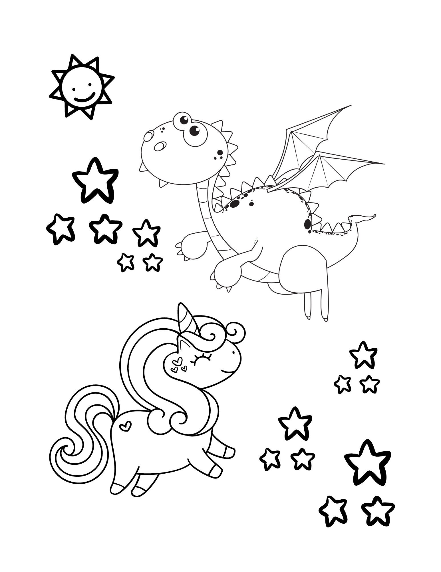 Fantasy Coloring Page - Unicorn and Dragon and Stars - Etsy