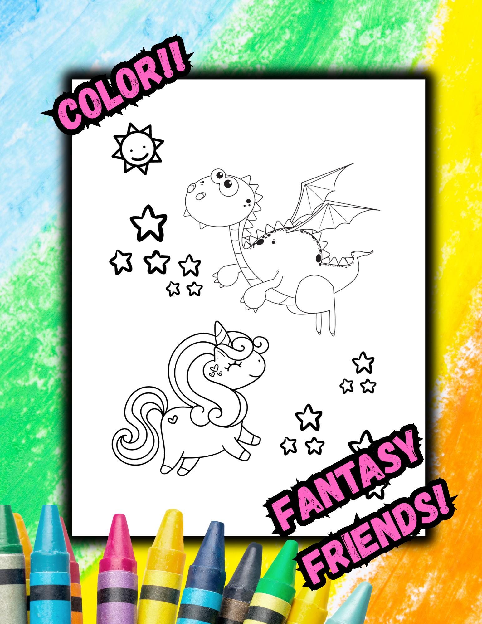 Fantasy Coloring Page - Unicorn and Dragon and Stars - Etsy