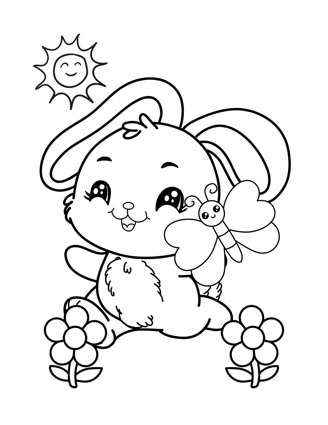Cute Bunny Coloring Page With Sunshine, Flowers, and Butterfly for ...