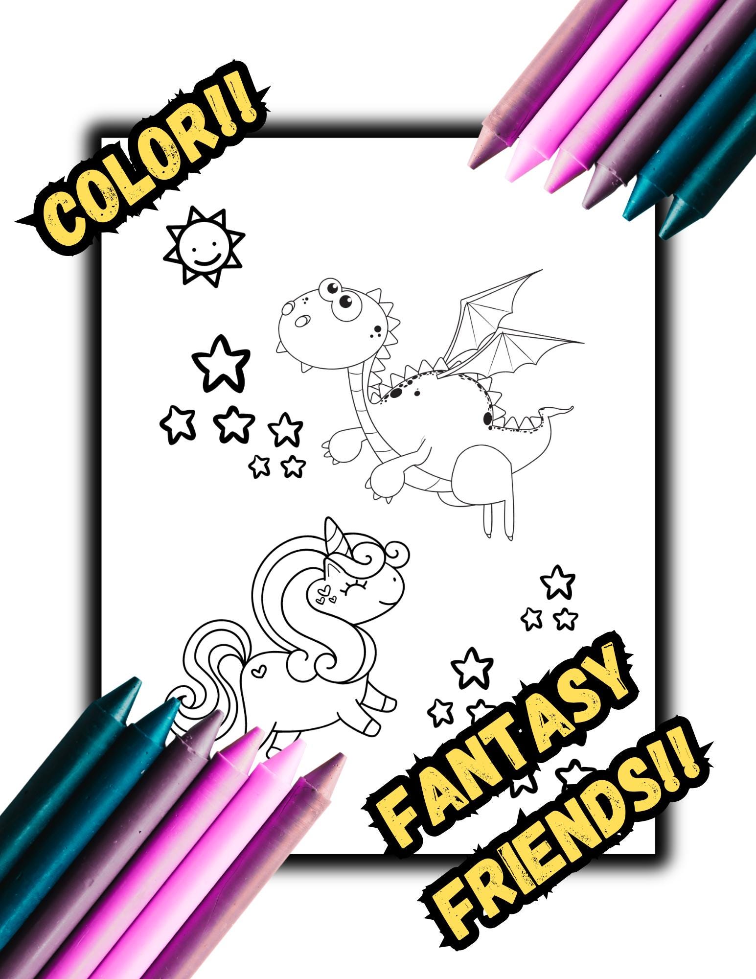 Fantasy Coloring Page - Unicorn and Dragon and Stars - Etsy