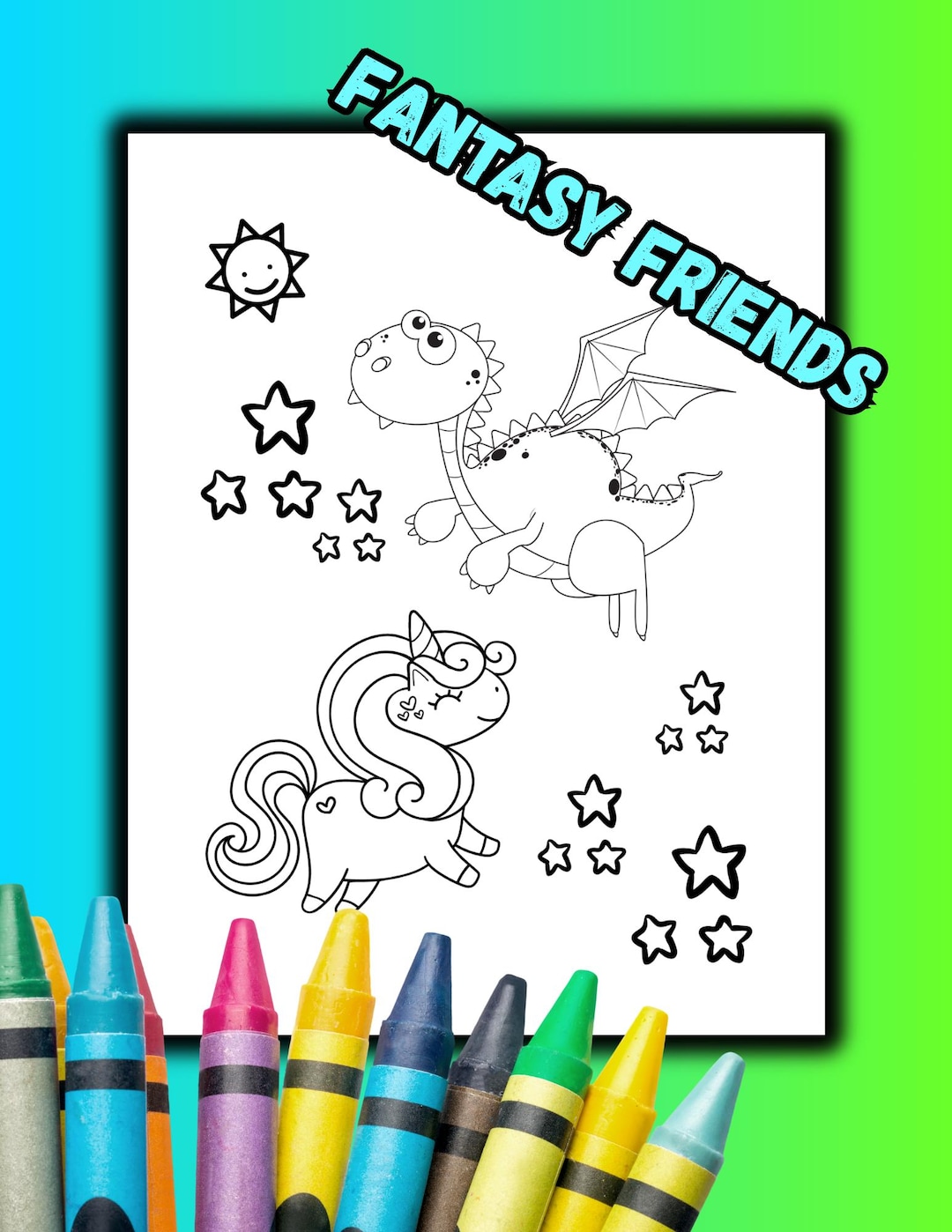 Fantasy Coloring Page - Unicorn and Dragon and Stars - Etsy