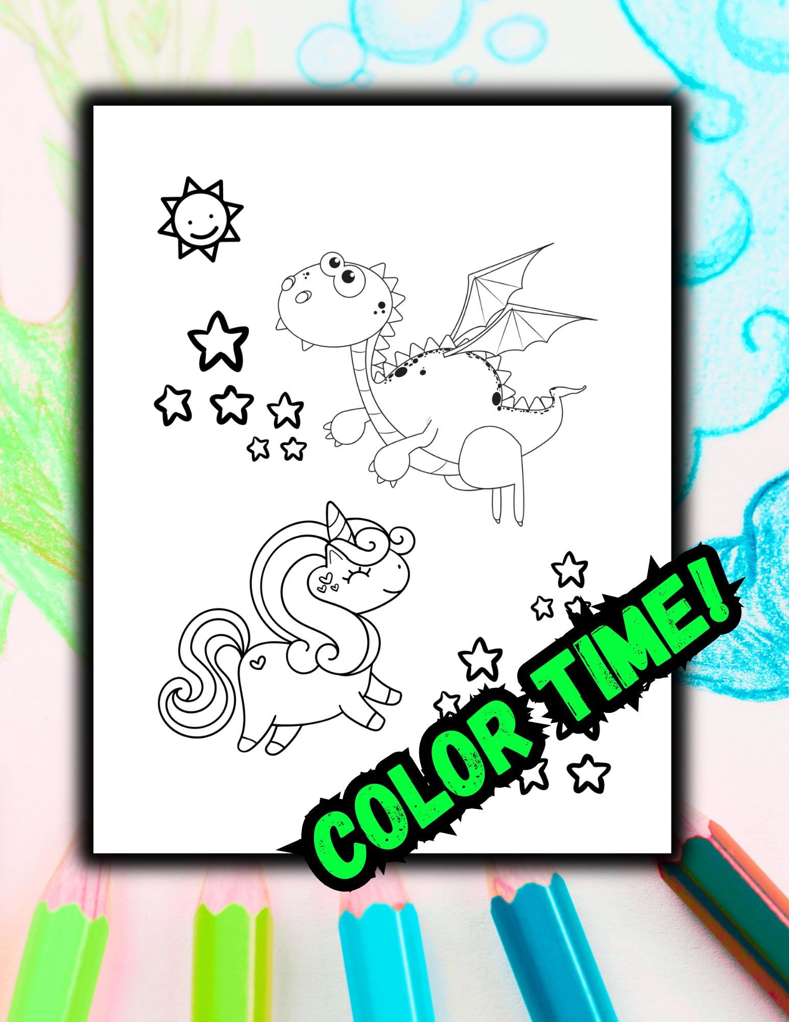 Fantasy Coloring Page - Unicorn and Dragon and Stars - Etsy