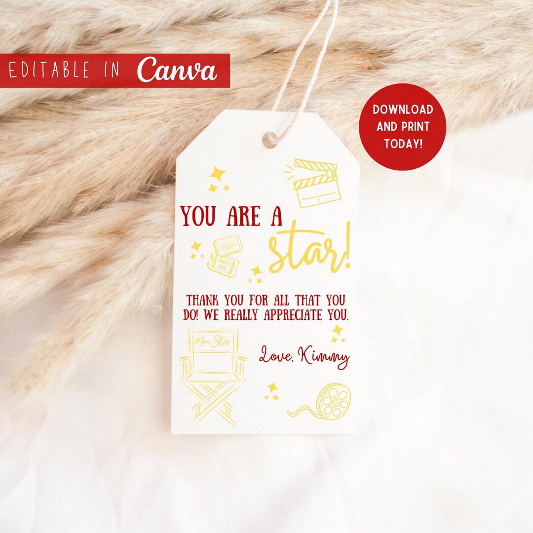 Digital Hollywood Movie Star Teacher Appreciation Gift Tag|editable ...