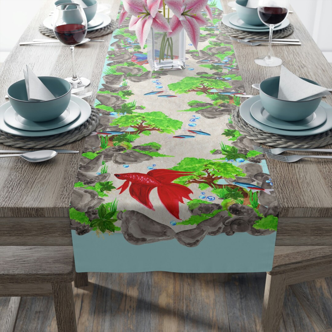 Watercolor Aquascape Table Runner Fish Print Table Runner - Etsy
