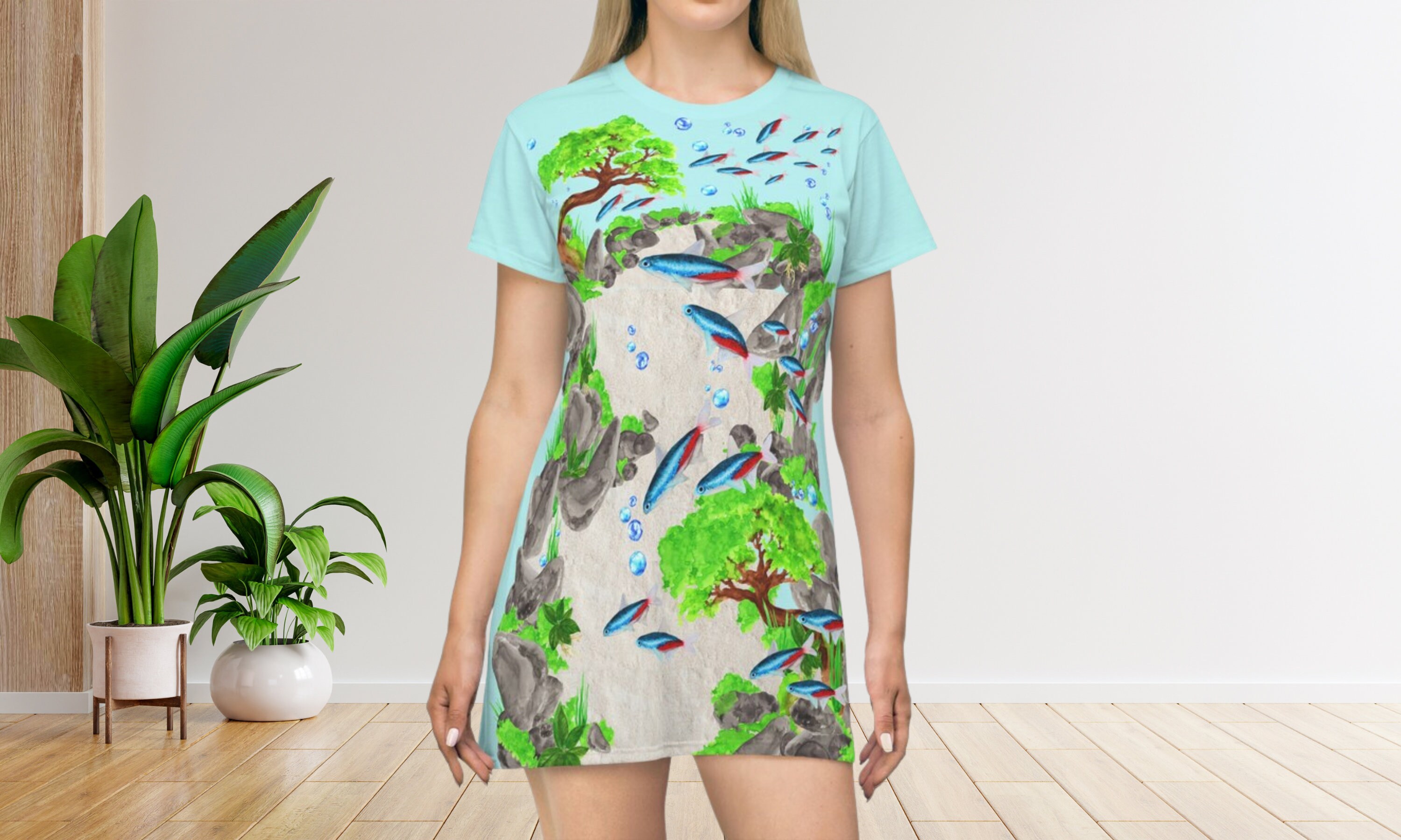 Neon Tetra Aquascape Dress Watercolor Hand Painted Aquarium Theme Dress ...
