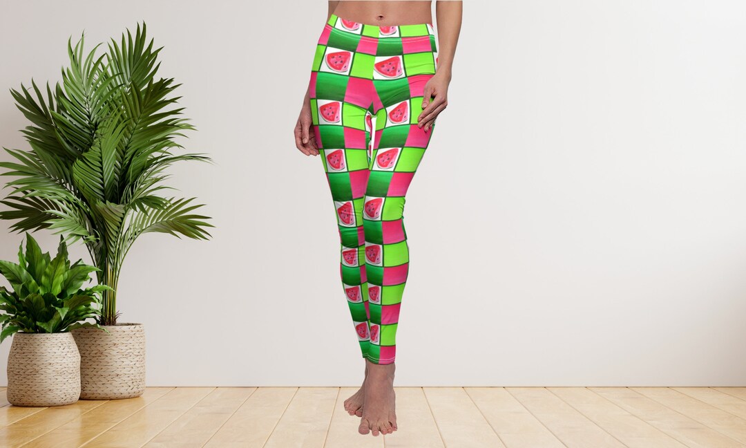 Watermelon Checker Leggings Bright Watercolor Ombre Plaid Watermelons ...