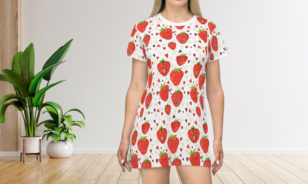 Cartoon Strawberry Print Dress Cute Strawberry Clothes Watercolor ...
