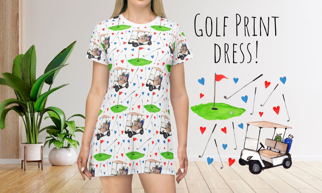 Golf Print Dress Watercolor Golfer Dress Short Sleeve Golf Cart Dress ...