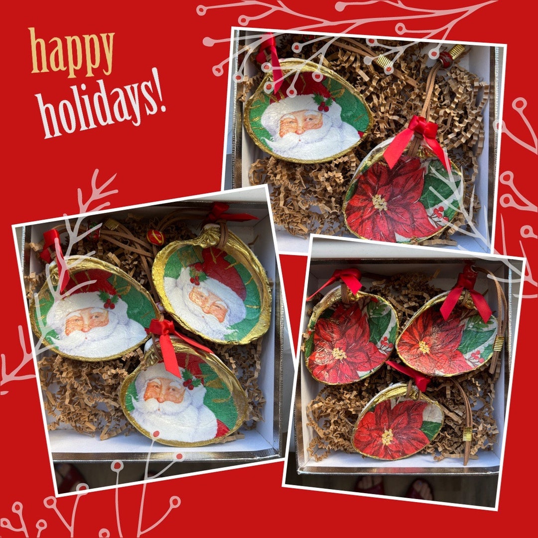 Large Santa Claus, Poinsettia Christmas Shell Ornaments, Decoupage ...