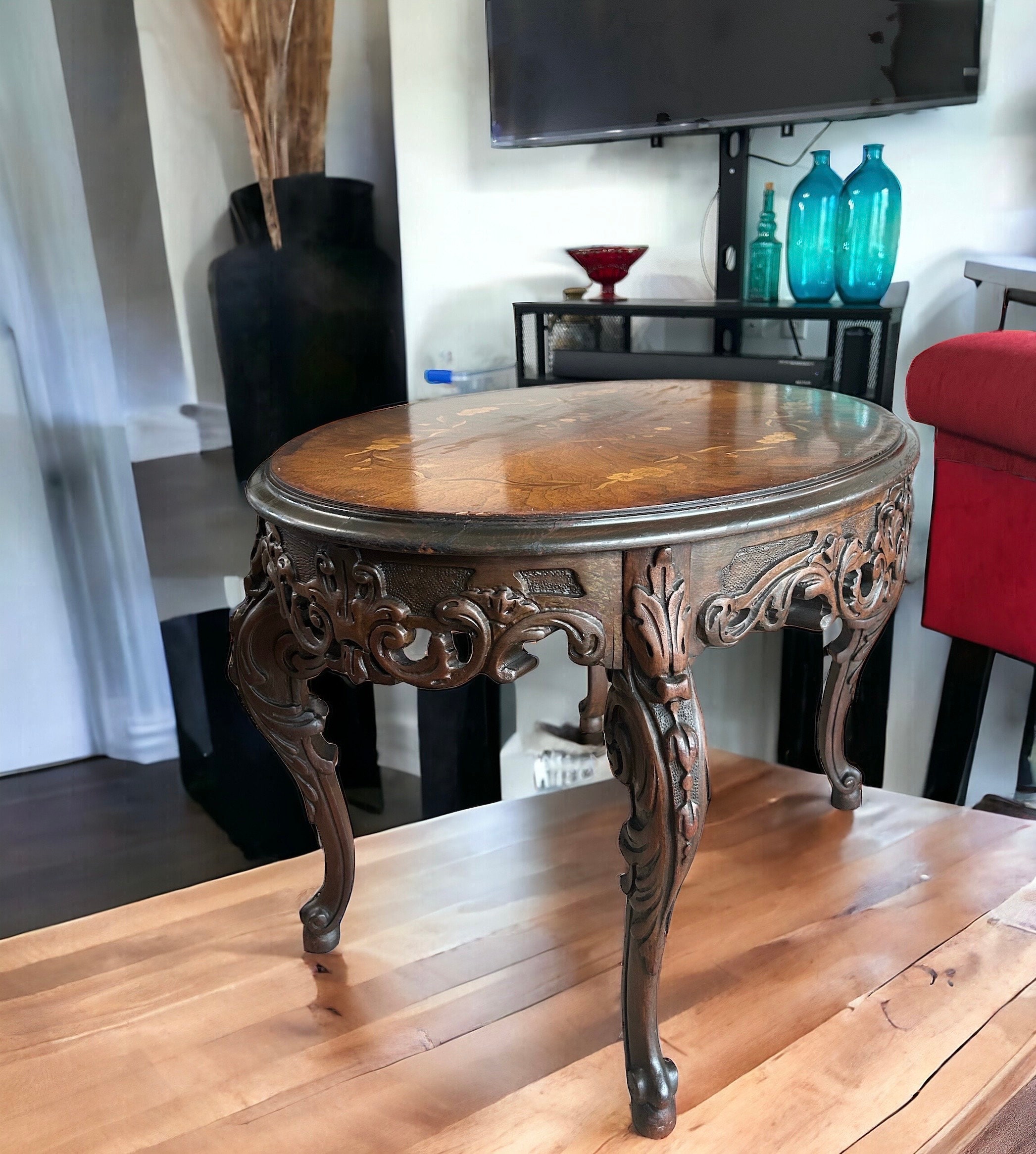 Antique French Louis XV Walnut and Satinwood Inlay Oval Center/lamp ...