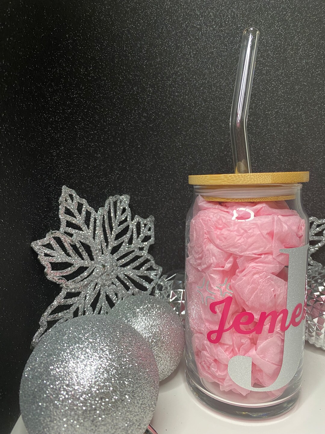 Name Tag Glass W/bamboo Lid and Glass Straw - Etsy