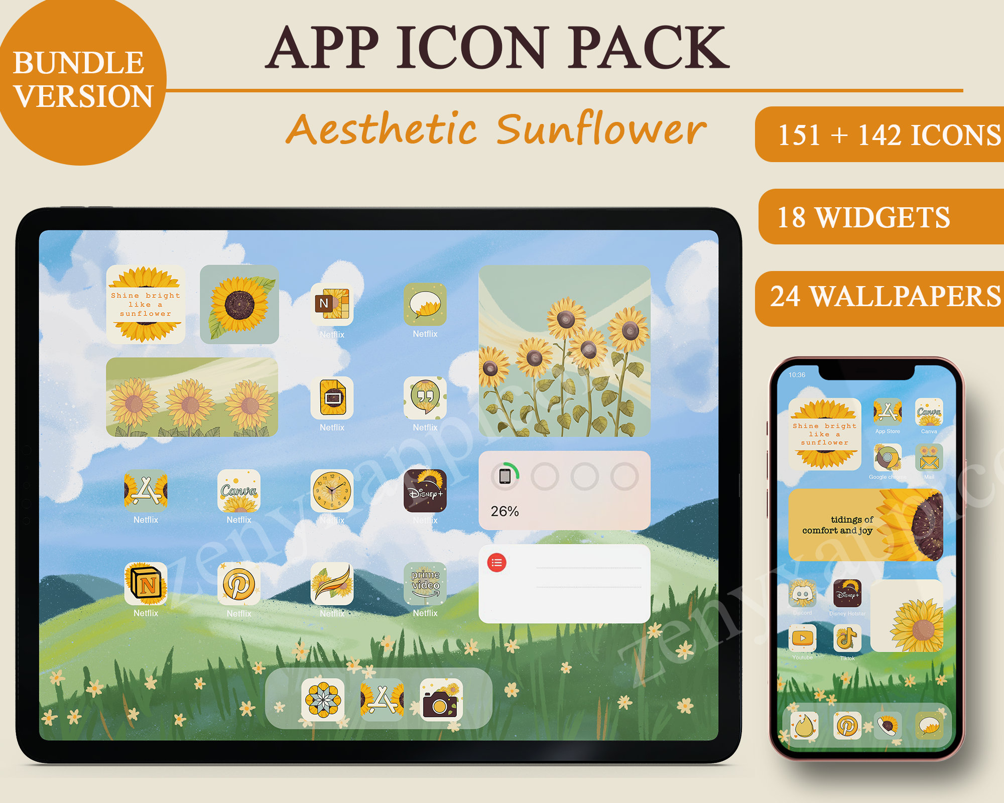 Cute Sunflower App Icon Pack , IOS iPhone iPad Theme, Android Tablet ...