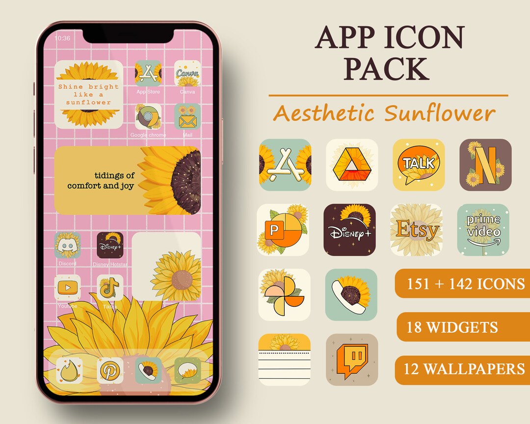 Cute Sunflower App Icon Pack , IOS iPhone Theme, Android Theme - Etsy