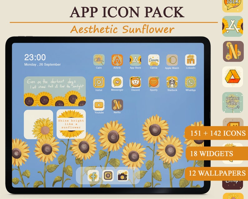 Cute Sunflower App Icon Set , IOS iPad Theme, Tablet Android Theme - Etsy