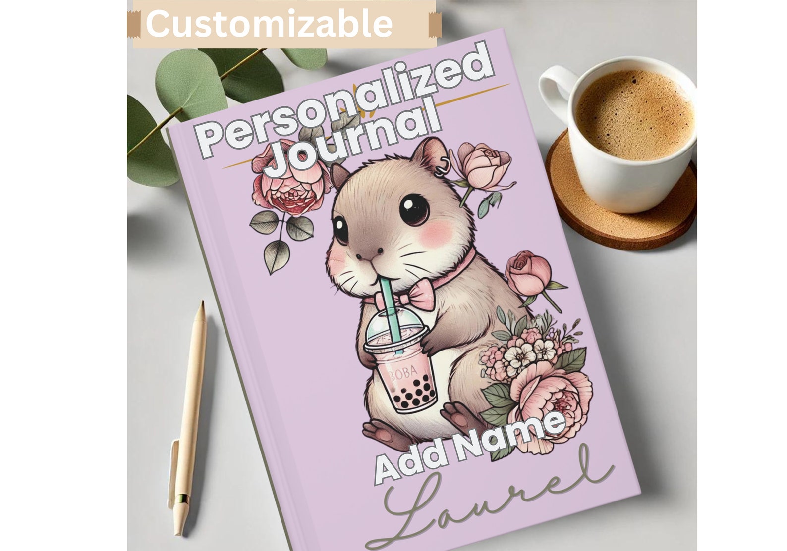 Personalized Capybara Journal - Custom Name Boba Tea Notebook - Cute ...