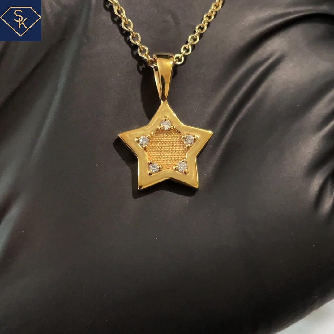 Brand New 14K Solid Yellow Gold Diamond 5-star Pendant With Inner Bead ...