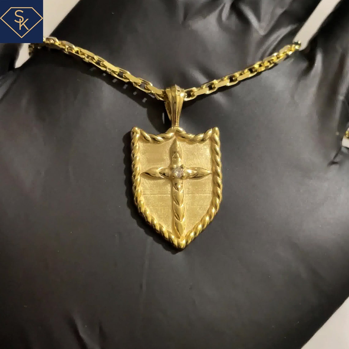 Brand New 14K Solid Yellow Gold Shield Pendant With Diamond in the ...