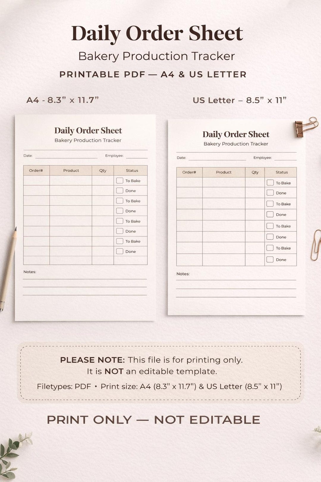 Bakery Order Sheet | Printable Production Tracker (A4 & US Letter PDF ...
