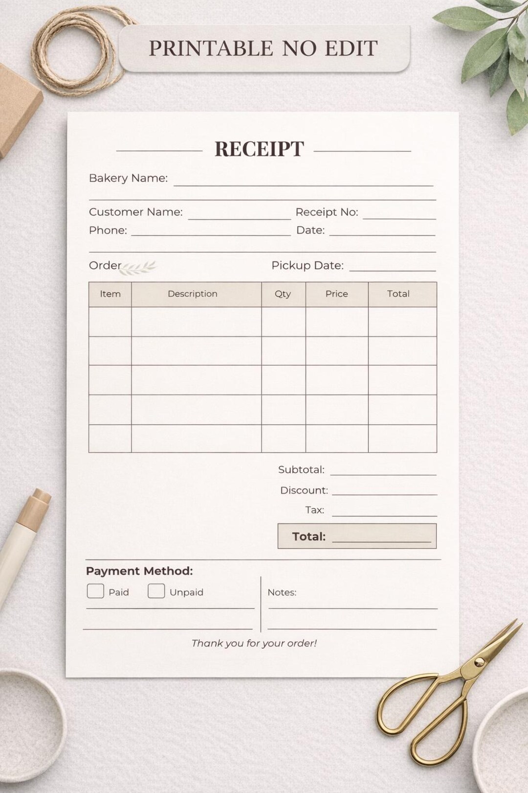 Bakery Receipt Template | Printable Cake Shop Order Form (PDF Printable ...