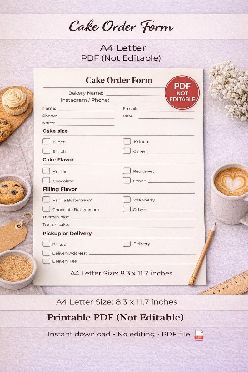 Cake Order Form Printable PDF | Bakery Order Sheet | Custom Cake Order ...