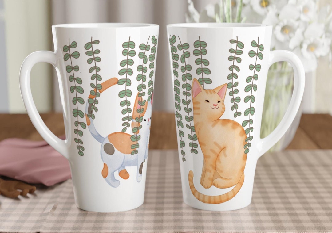 Cat Plant Latte Mug, Tall Cat Mug, Cat Latte Mug, Cat Coffee Cup, Cute ...