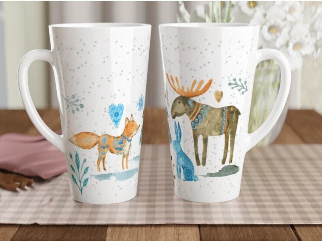 Boho Woodland Animals Mug, Boho Winter Latte Mug, Tall Christmas Mug ...