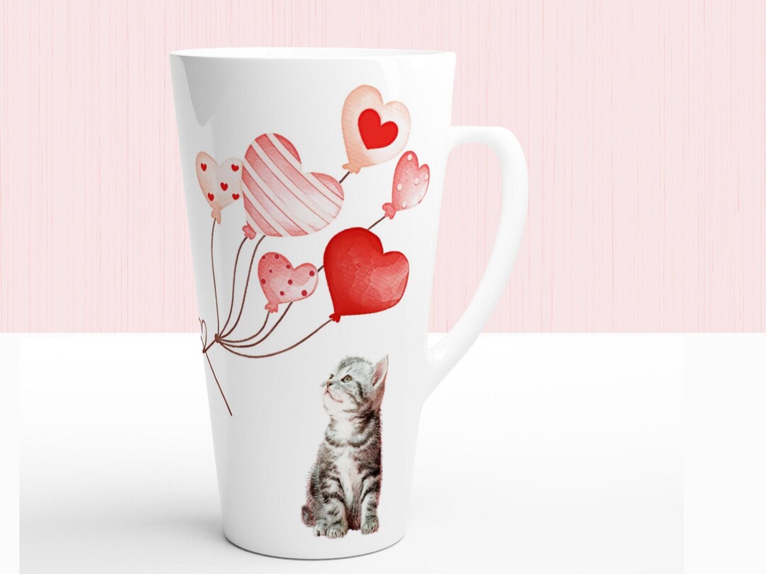 Cute Tabby Kitten Tall Latte Mug, Cat Valentines Coffee Cup, Heart ...