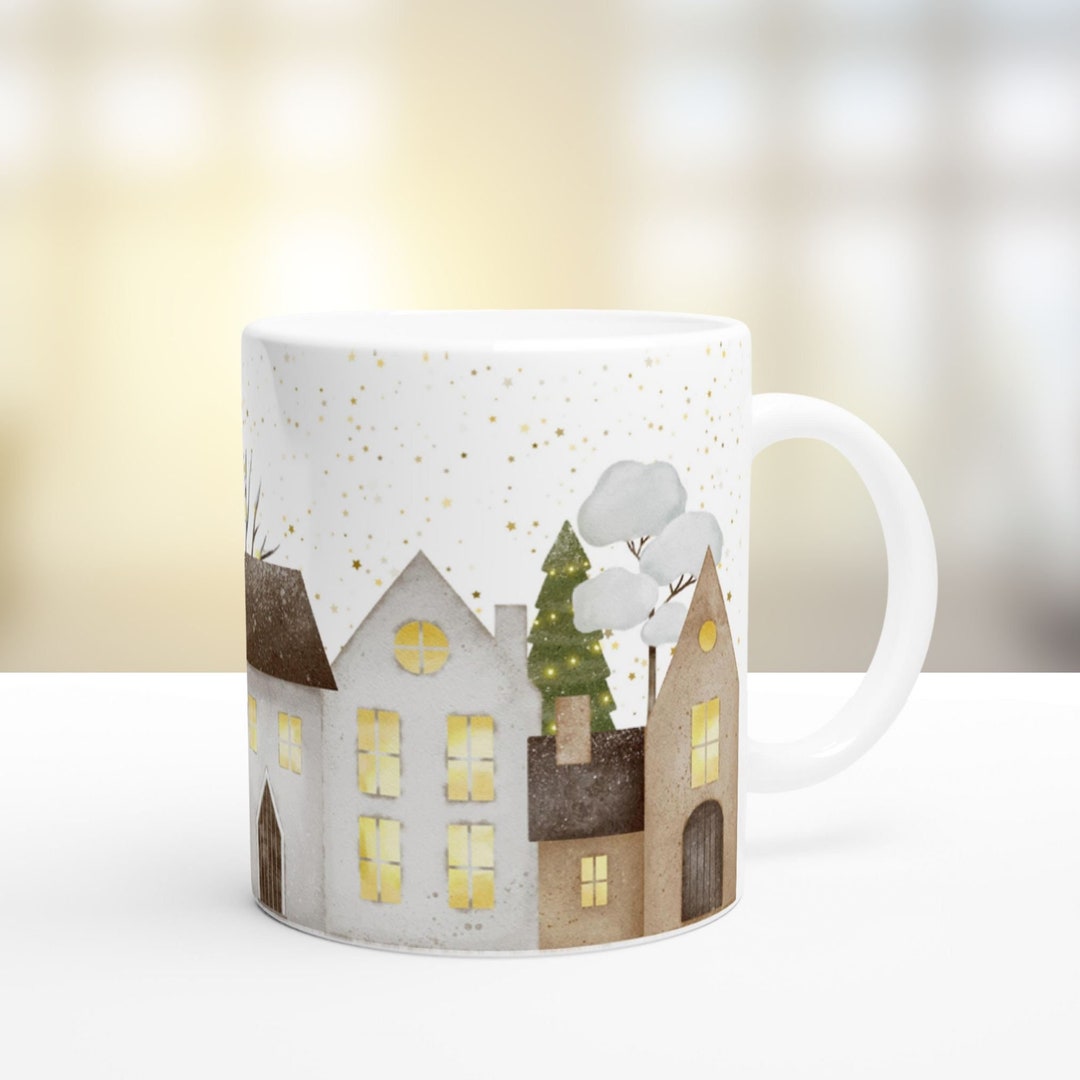 Cute Village Scene Mug, Scandinavian Christmas Town Coffee Cup, Winter ...