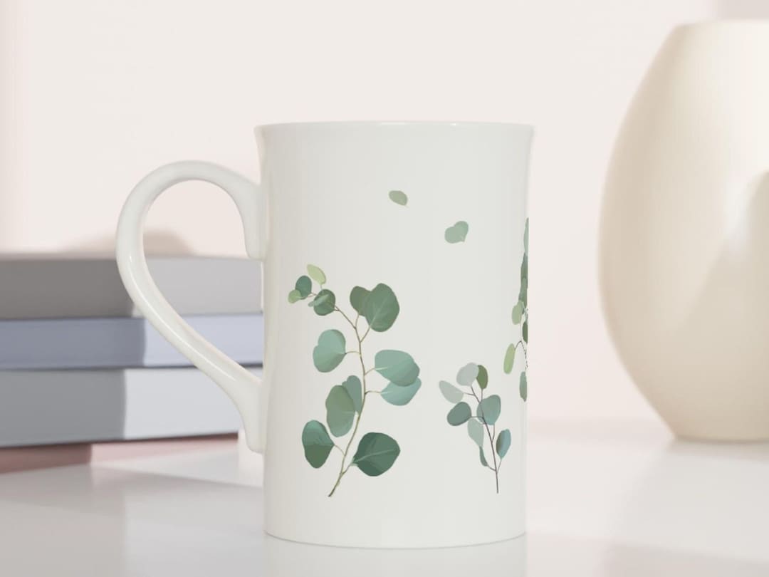 10oz Porcelain Botanical Mug, Eucalyptus Leaf Tea Cup, Nature Themed ...