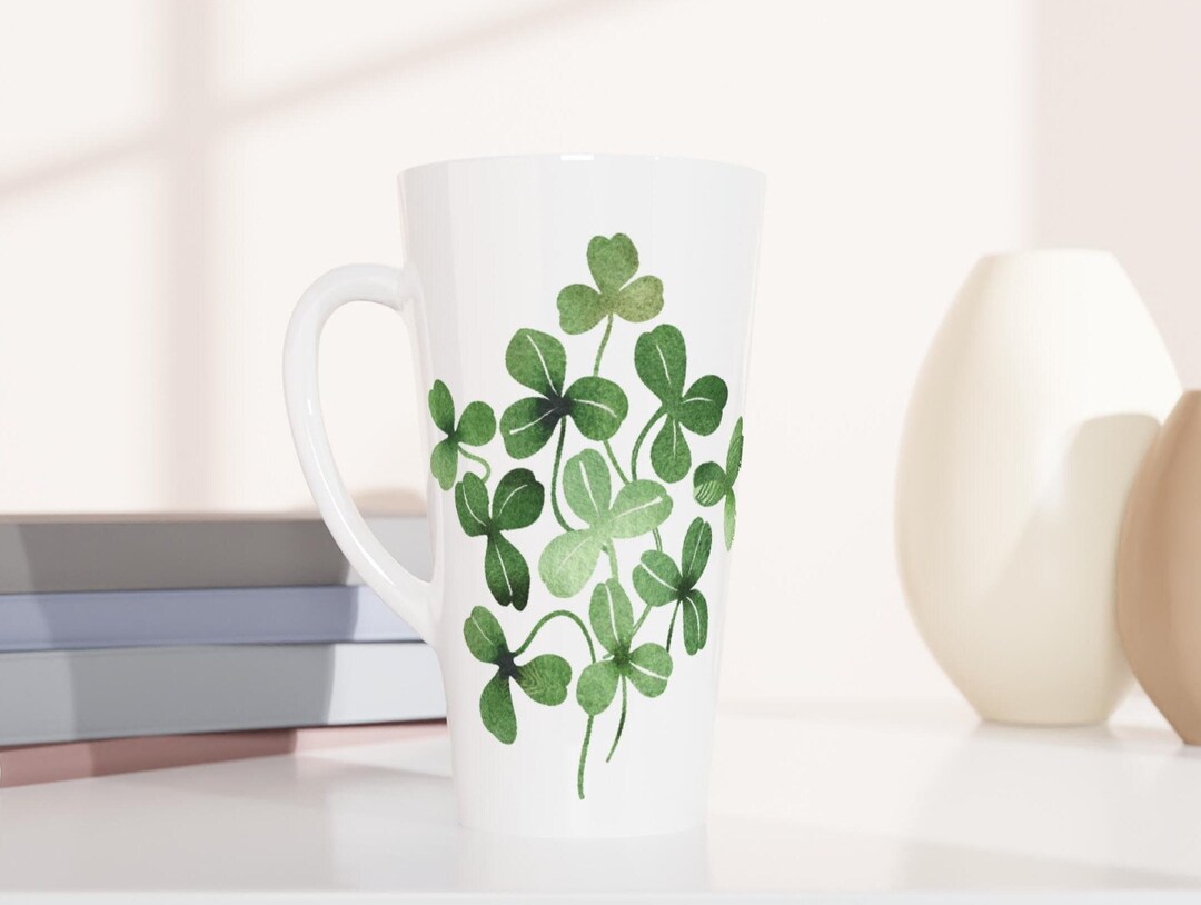 Clover Shamrock Tall Latte Mug, Green Botanical Irish Coffee Cup, Large ...