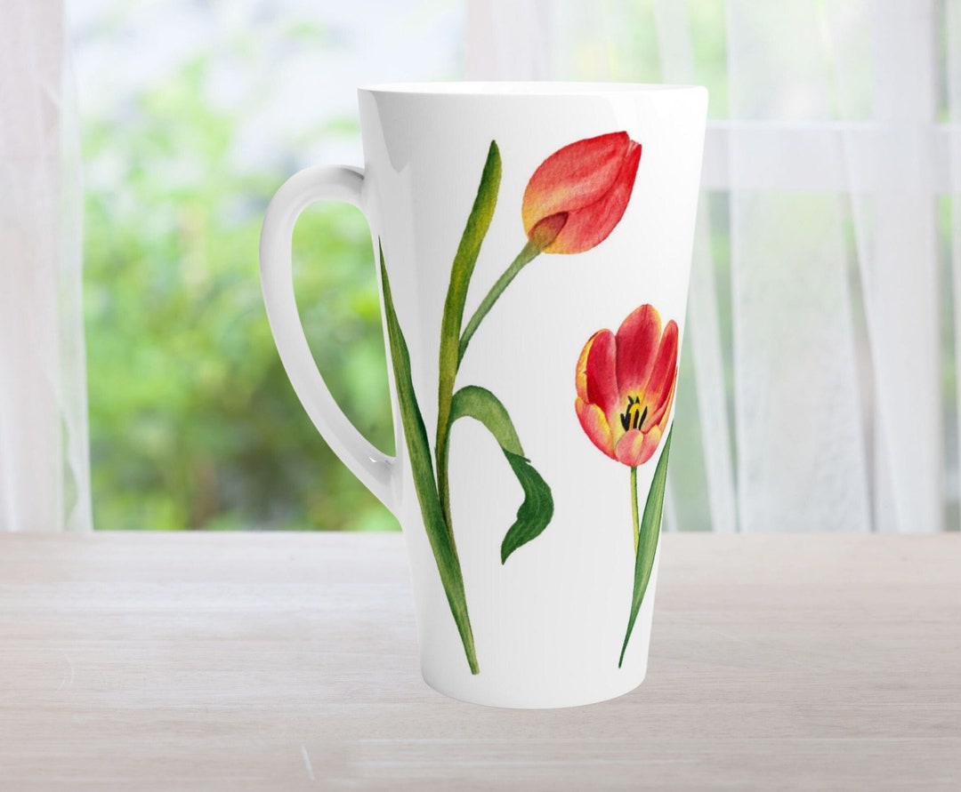 Tulips Latte Mug, Floral Large Tea Cup, Pretty Botanical Ceramic Coffee ...