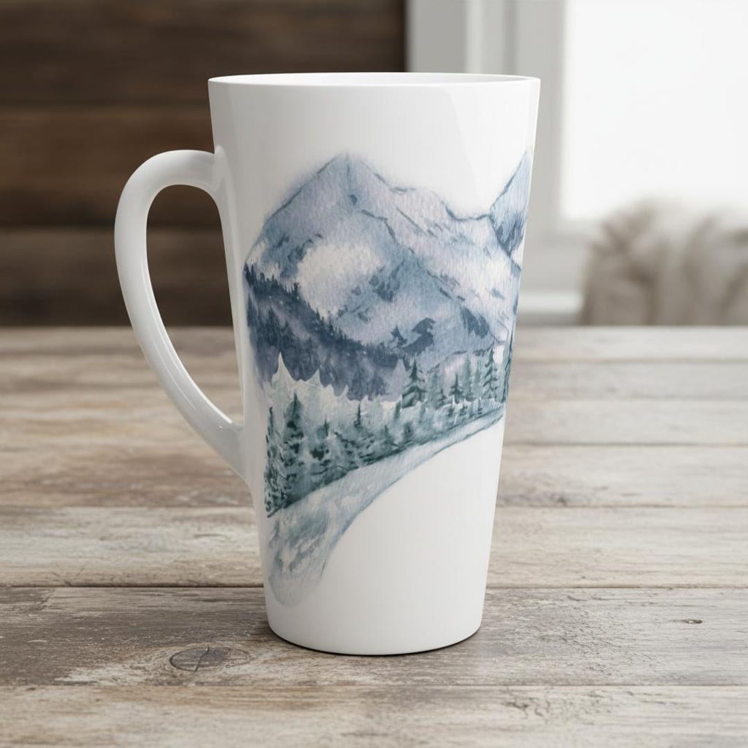 Latte Mug – Tall Coffee Cup With Mountain Landscape and Trees, 17oz ...
