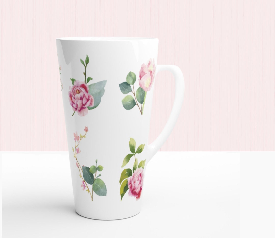 Floral Tall Latte Mug, Rose and Peony Large Tea Cup, Pretty Botanical ...