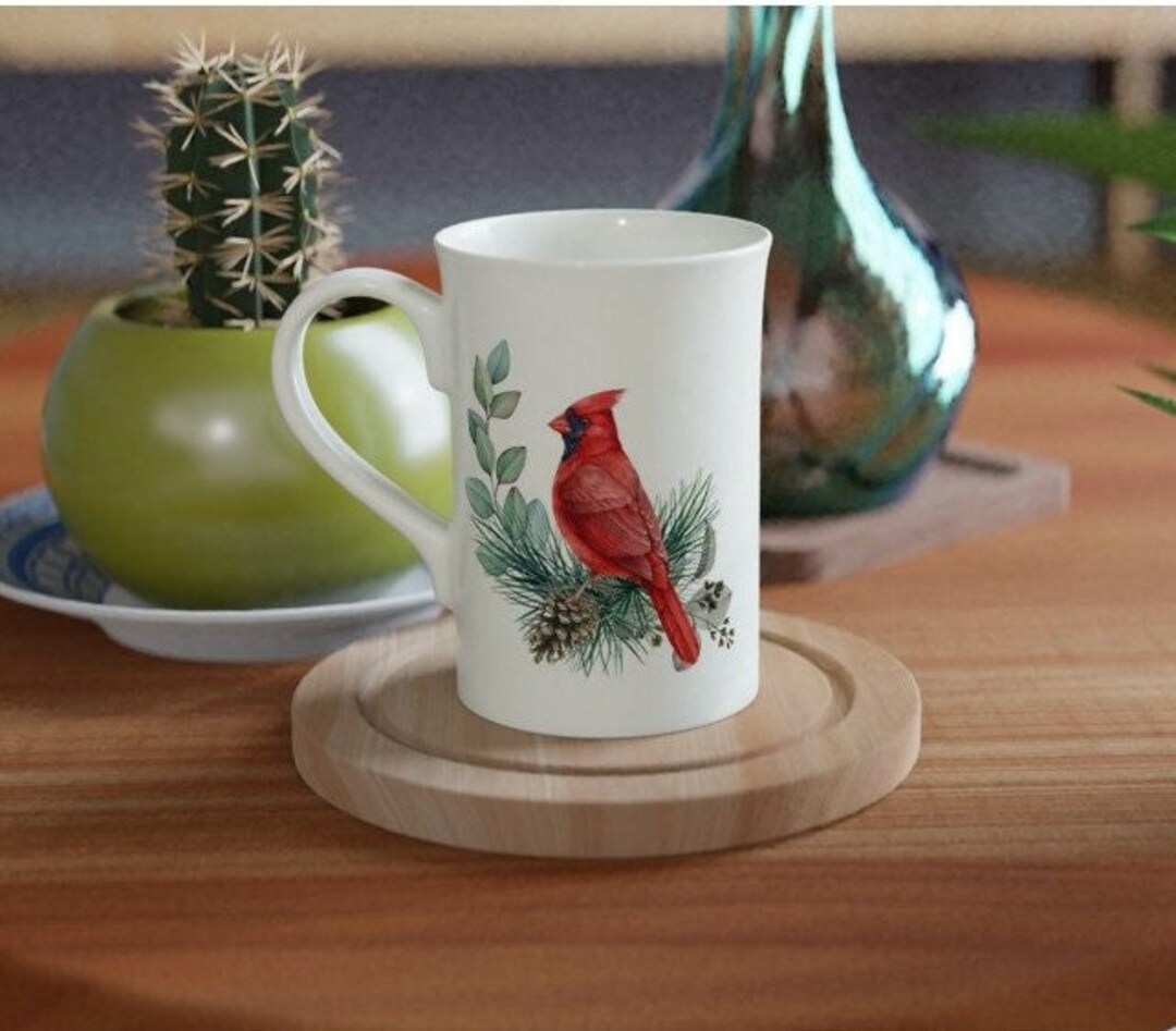 10oz Porcelain Winter Red Cardinal Mug, Holiday Teacup, Small ...