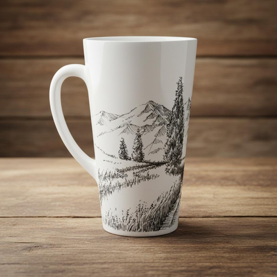 Latte Mug – Tall Coffee Cup With Mountain Landscape and Trees, 17oz ...