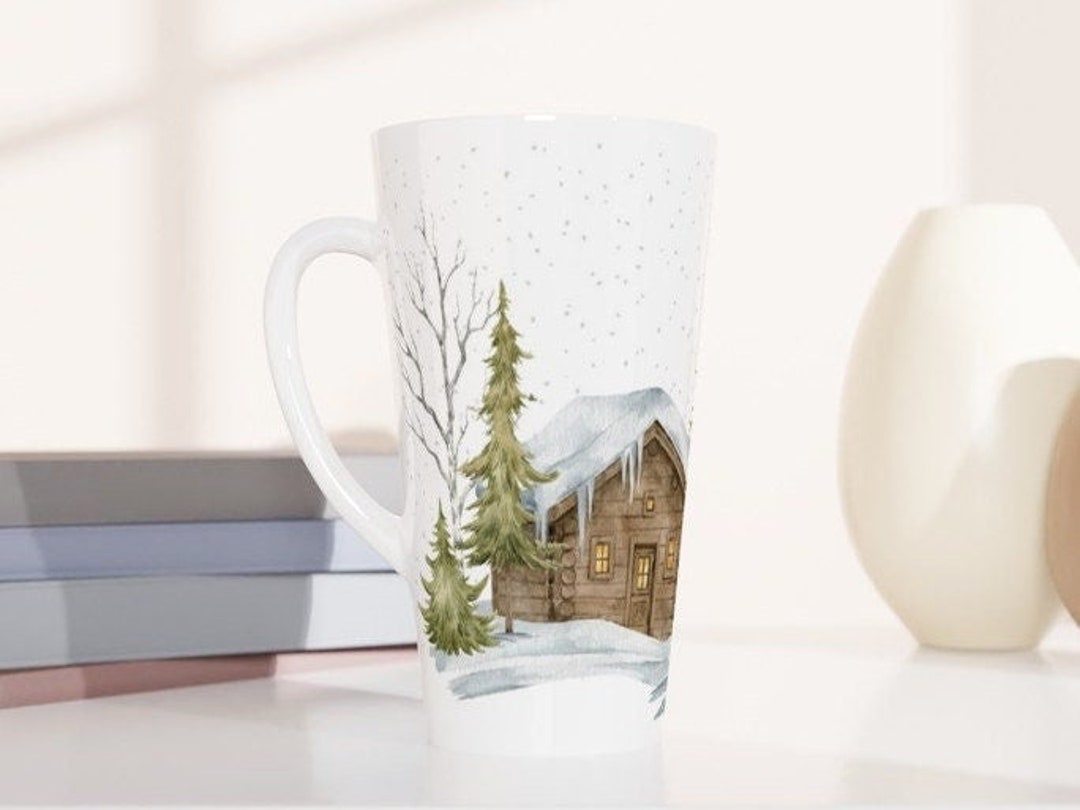 Winter Cabin Latte Mug, Winter Themed Mug, Snowy Cabin Mug, Wilderness ...