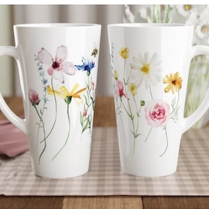 Floral Latte Mug, Wildflowers Bumblebee Large Tea Cup, Pretty Botanical ...