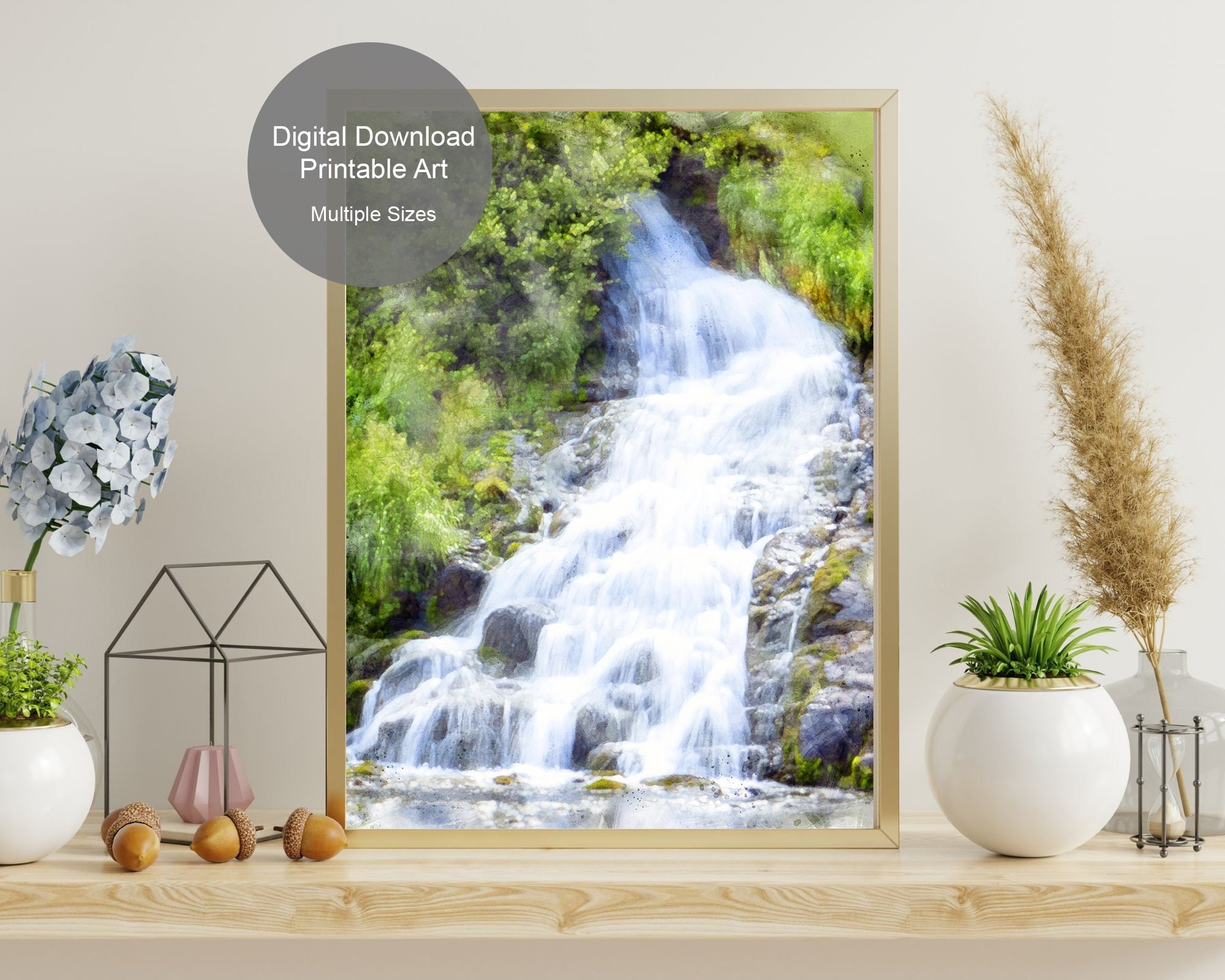 Waterfall Nature Watercolor Art Print - Waterfall Nature Wall Art ...