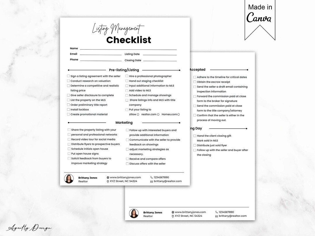 Listing Management Checklist, Listing to Close Checklist, Real Estate ...
