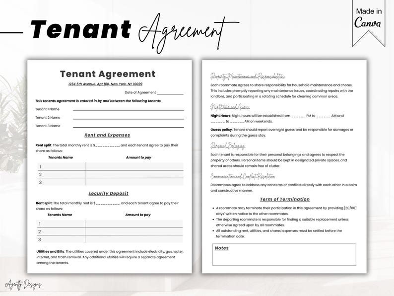 Rental Agreement Form, Lease Agreement Form, Roommate Agreement Letter ...