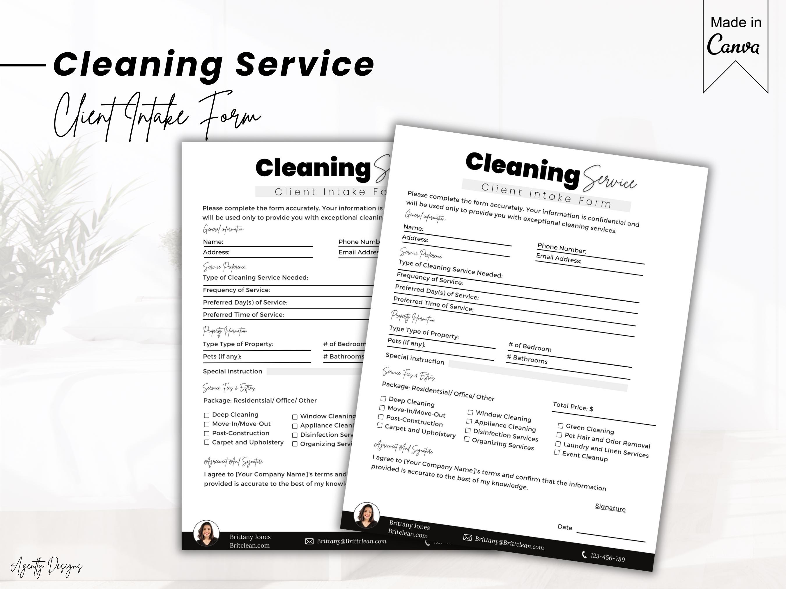 Cleaning Service Client Intake Sheet Client Intake Form for Cleaning ...