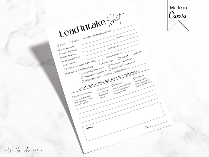 Lead Intake Sheet, Lead Tracking Forms, Real Estate Forms, Real Estate ...