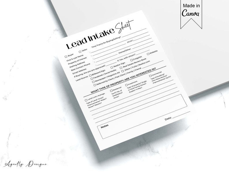 Lead Intake Sheet, Lead Tracking Forms, Real Estate Forms, Real Estate ...